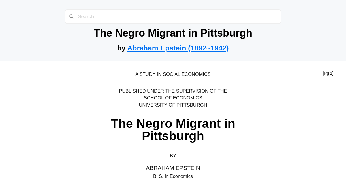The Negro Migrant in Pittsburgh by Abraham Epstein (1892-1942)