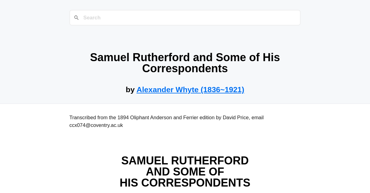 Samuel Rutherford and Some of His Correspondents by Alexander Whyte ...