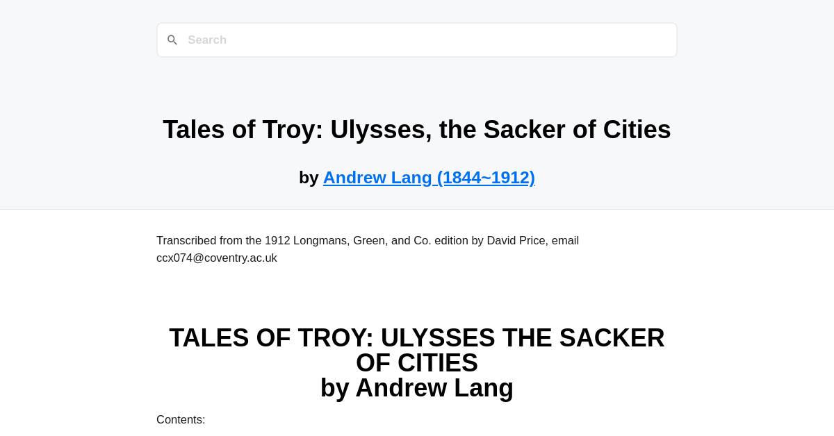 Tales of Troy: Ulysses, the Sacker of Cities by Andrew Lang (1844~1912)