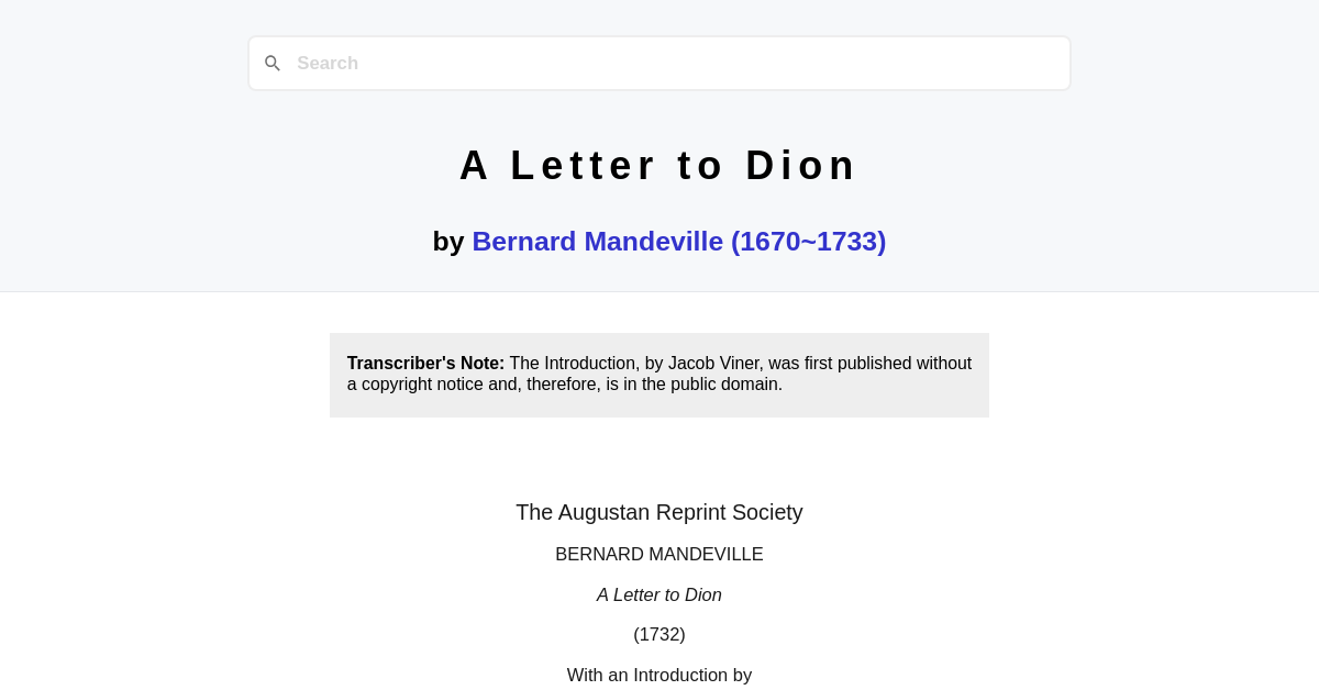 A Letter to Dion by Bernard Mandeville (1670~1733)