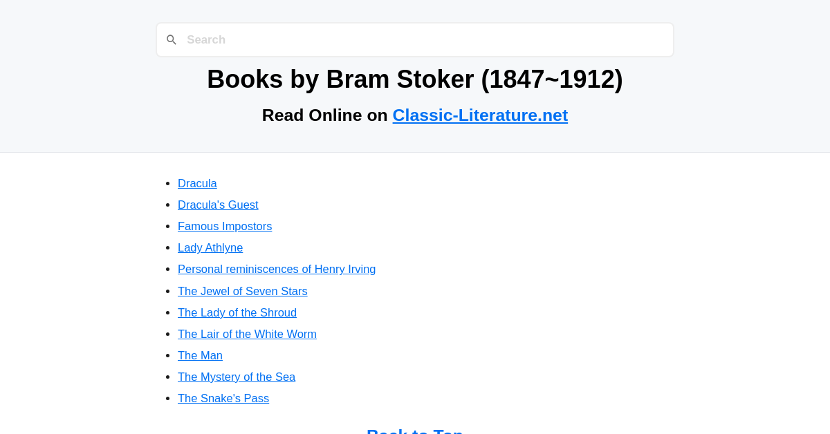 Books by Bram Stoker (1847~1912) - Read Online on Classic-Literature.net