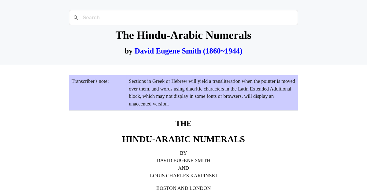 The Hindu-Arabic Numerals by David Eugene Smith (1860~1944)