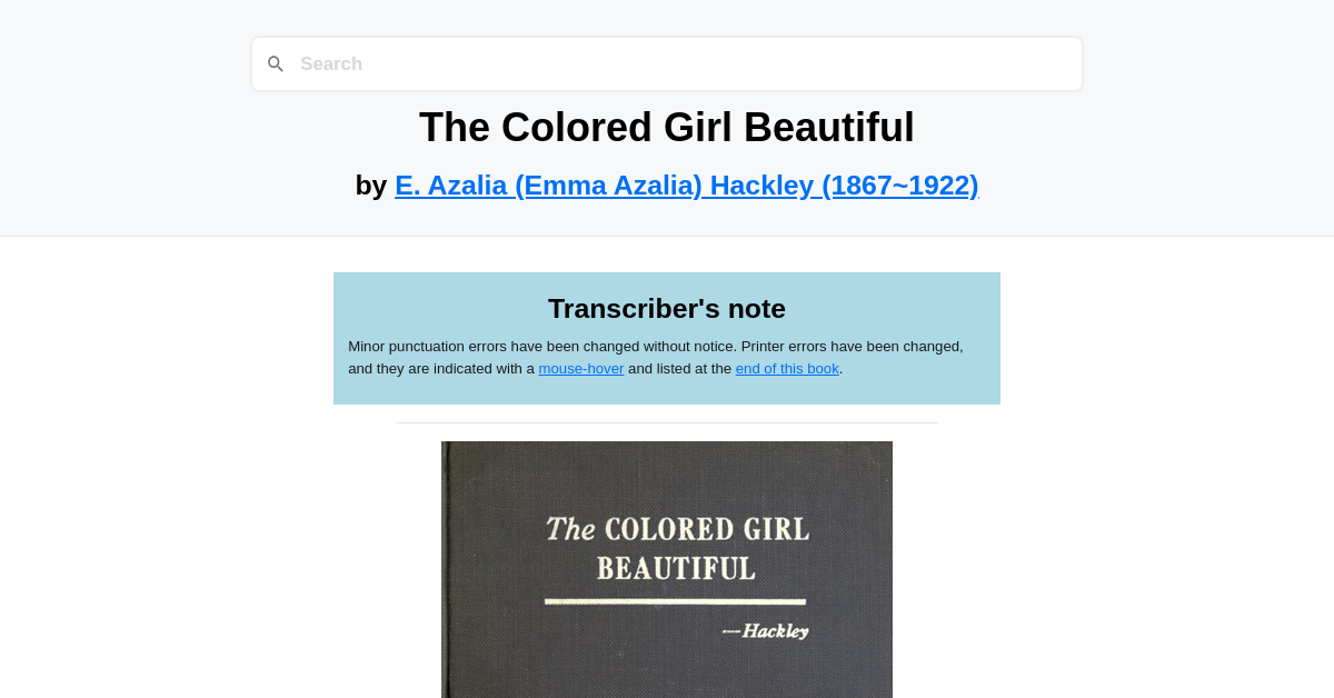 The Colored Girl Beautiful by E. Azalia (Emma Azalia) Hackley (1867~1922)