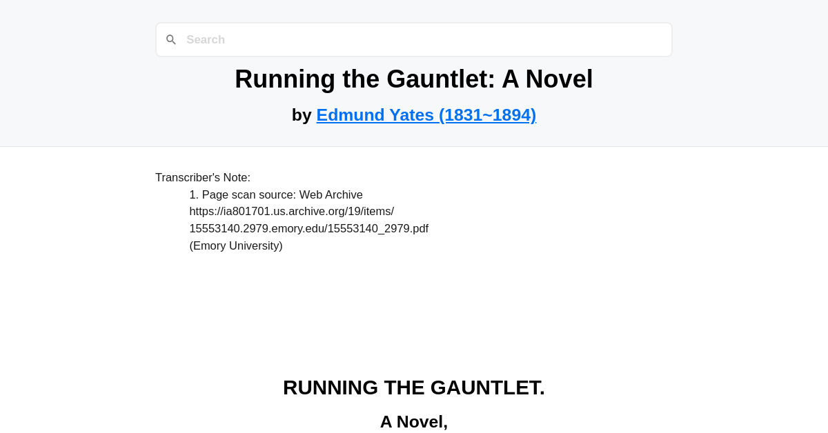 Running the Gauntlet: A Novel by Edmund Yates (1831~1894)