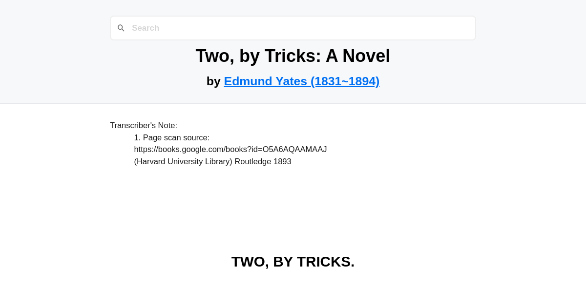 Two, by Tricks: A Novel by Edmund Yates (1831~1894)