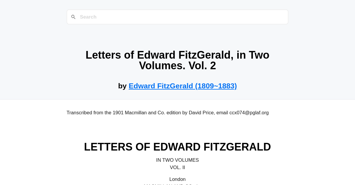Letters of Edward FitzGerald, in Two Volumes. Vol. 2 by Edward ...