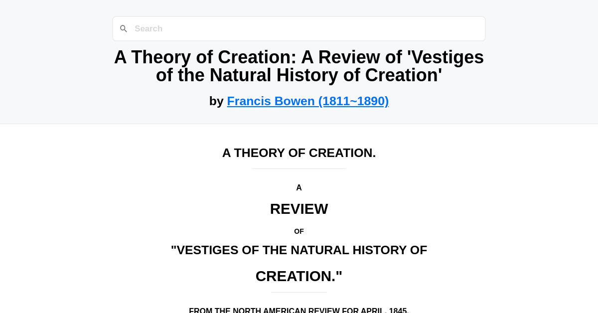 A Theory of Creation: A Review of 'Vestiges of the Natural History of ...