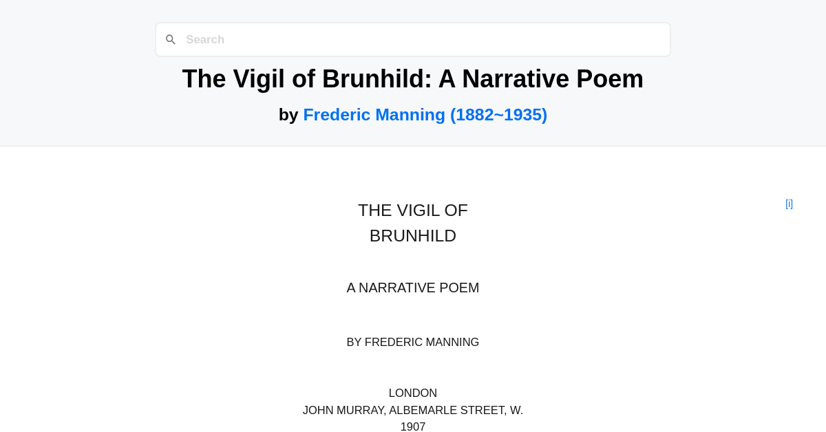 The Vigil of Brunhild: A Narrative Poem by Frederic Manning (1882~1935)