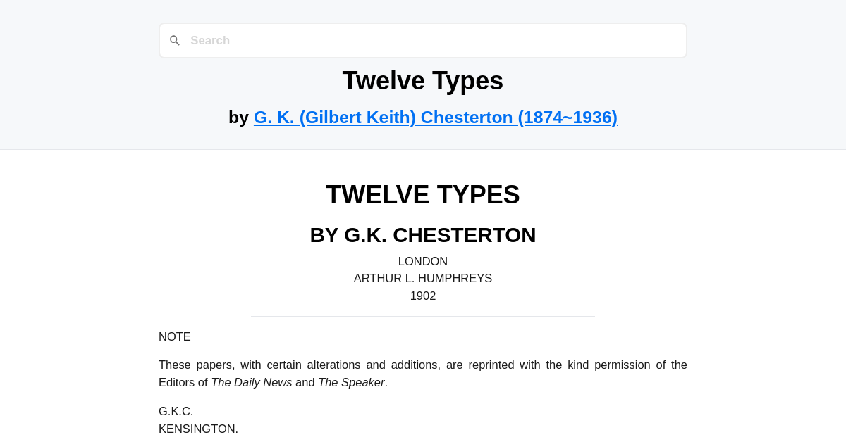 Twelve Types by G. K. (Gilbert Keith) Chesterton (1874~1936)