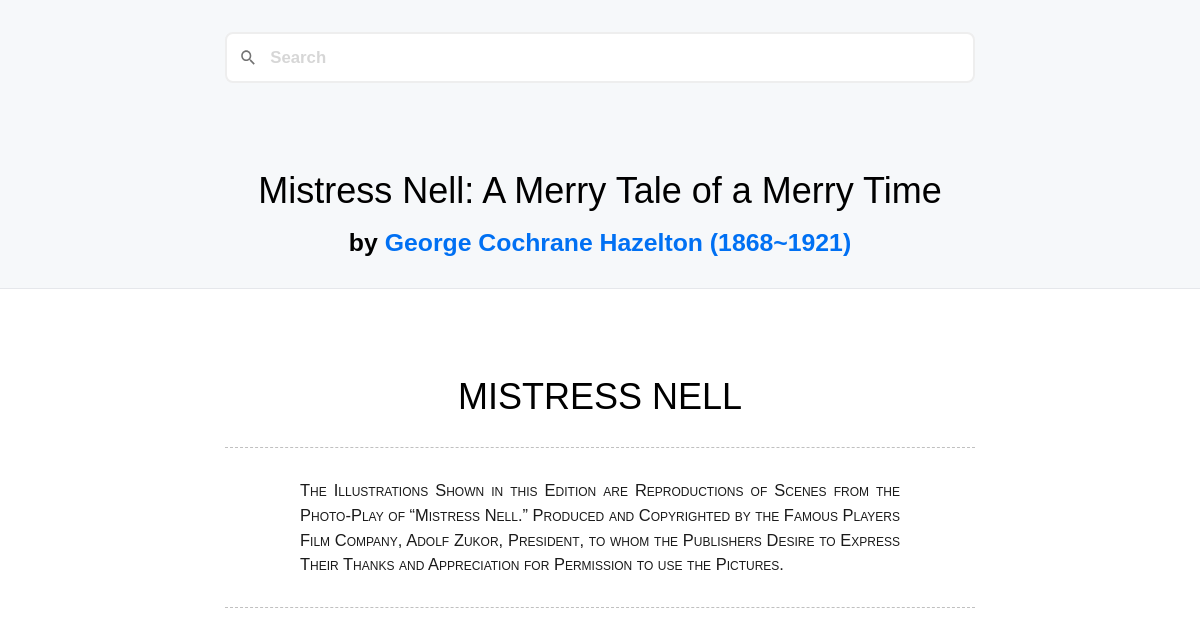 Mistress Nell: A Merry Tale of a Merry Time by George Cochrane Hazelton (1868~1921)
