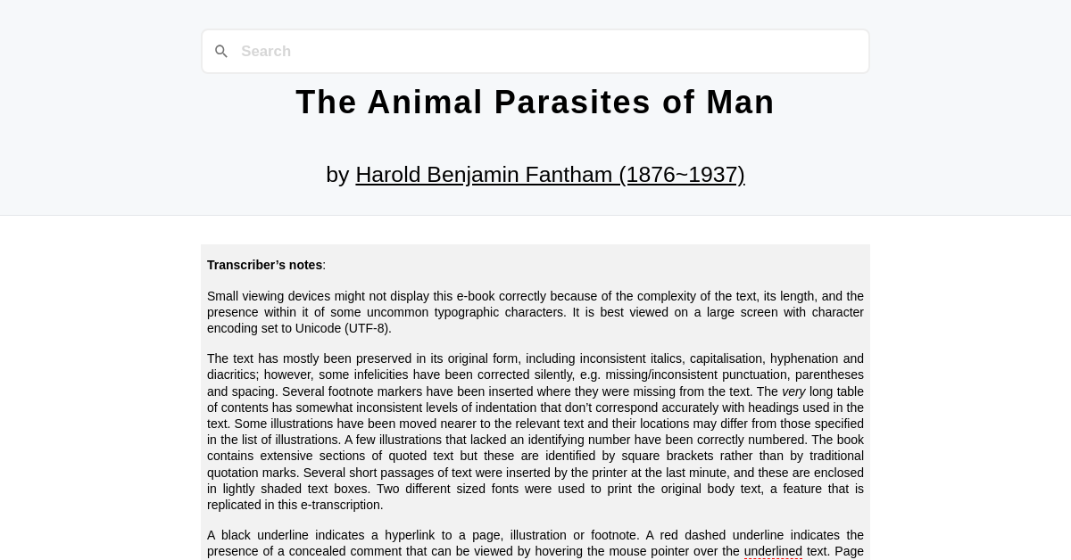 The Animal Parasites of Man by Harold Benjamin Fantham (1876~1937)