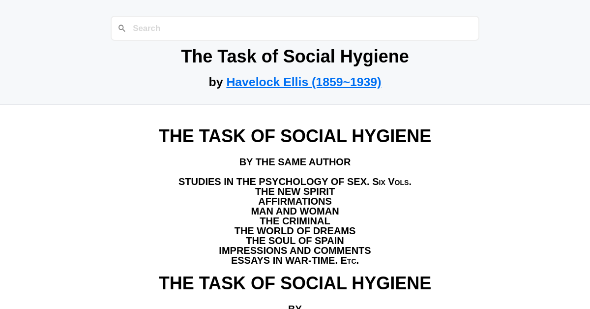 The Task of Social Hygiene by Havelock Ellis (1859~1939)