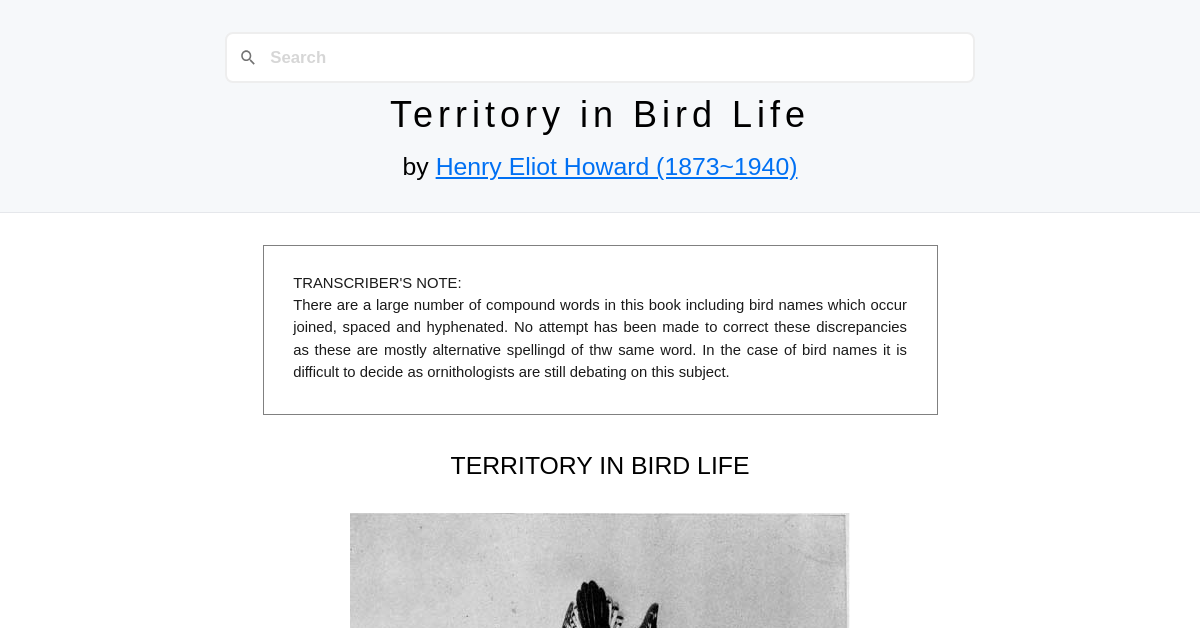 Territory in Bird Life by Henry Eliot Howard (1873~1940)