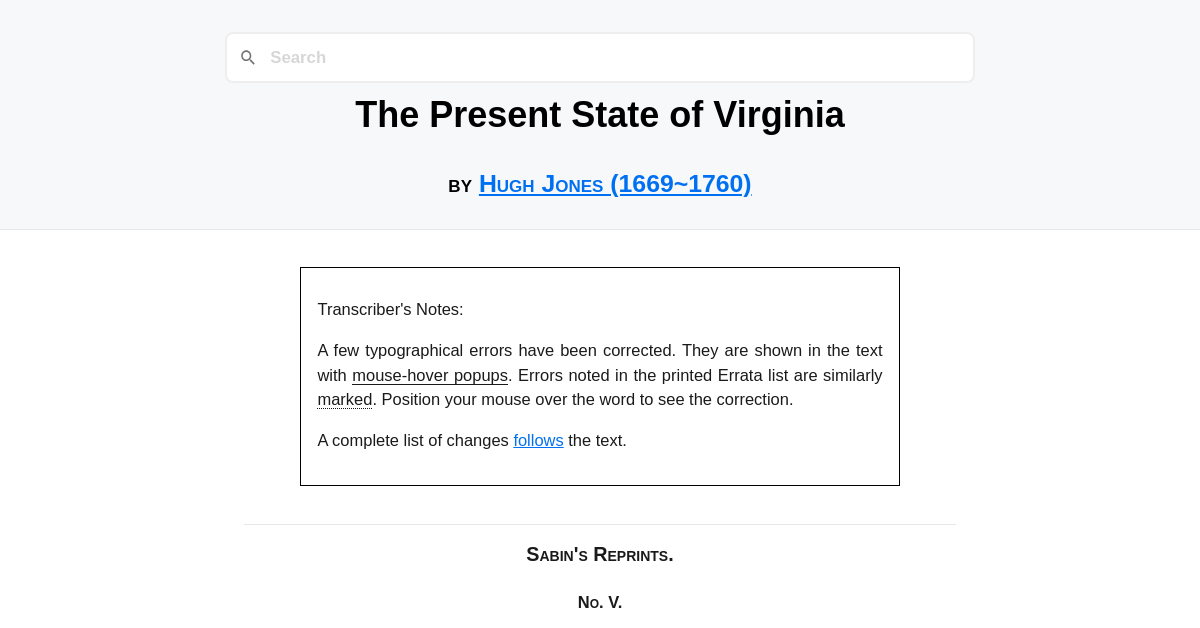 The Present State of Virginia by Hugh Jones (1669~1760)