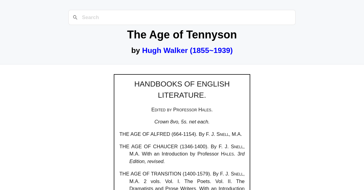 The Age of Tennyson by Hugh Walker (1855~1939)