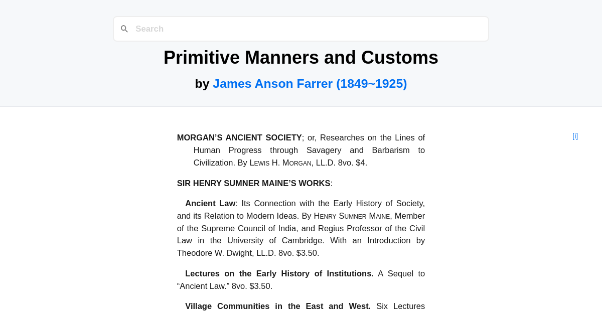 Primitive Manners and Customs by James Anson Farrer (1849~1925)