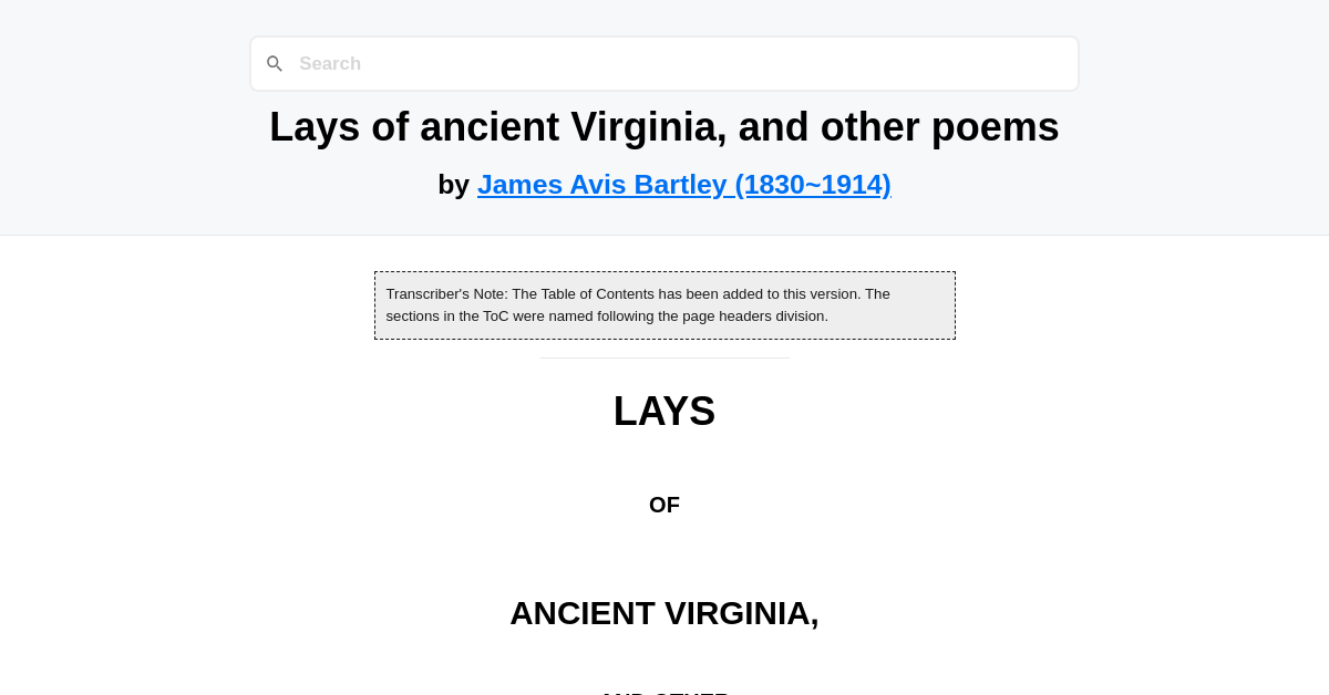 Lays of ancient Virginia, and other poems by James Avis Bartley (1830~1914)