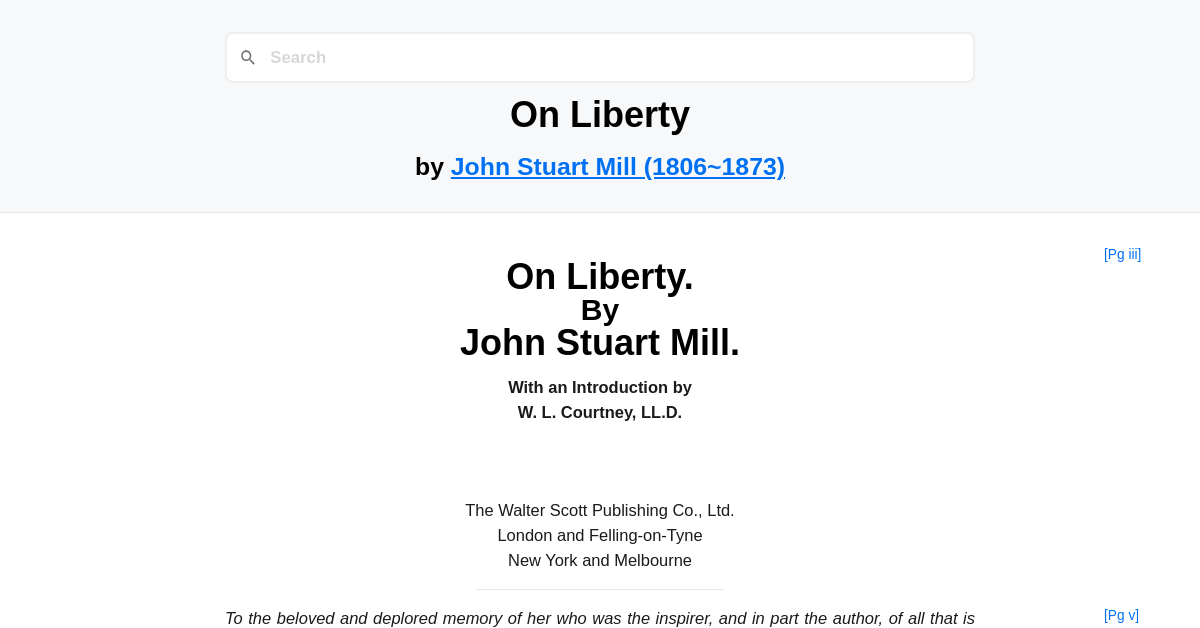 On Liberty by John Stuart Mill (1806~1873)