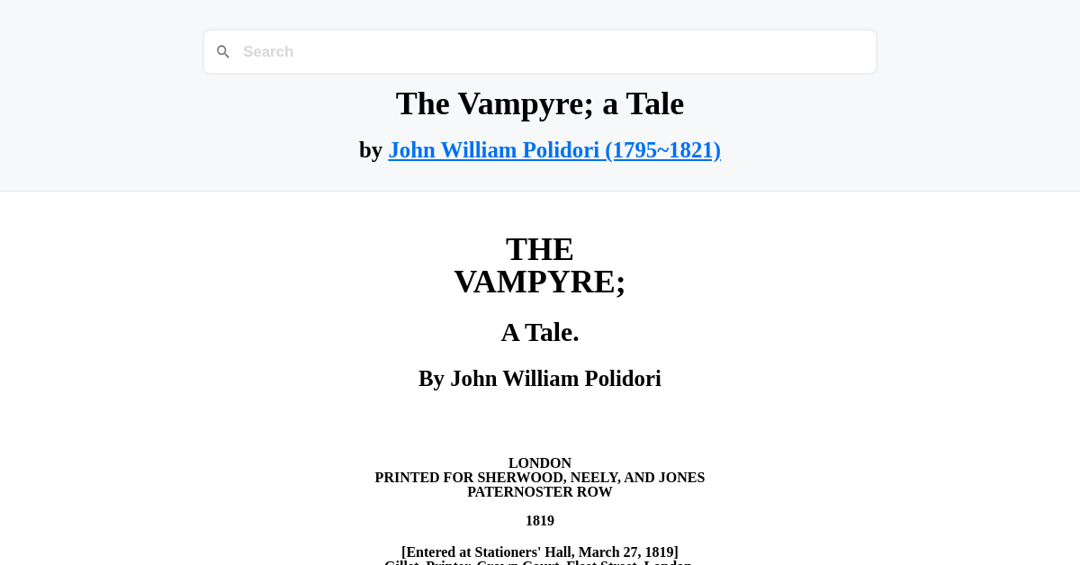 The Vampyre; a Tale by John William Polidori (1795~1821)