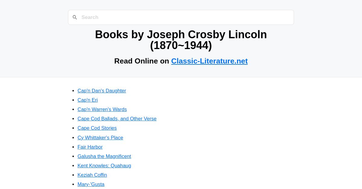 Books by Joseph Crosby Lincoln (1870-1944) - Read Online on Classic ...