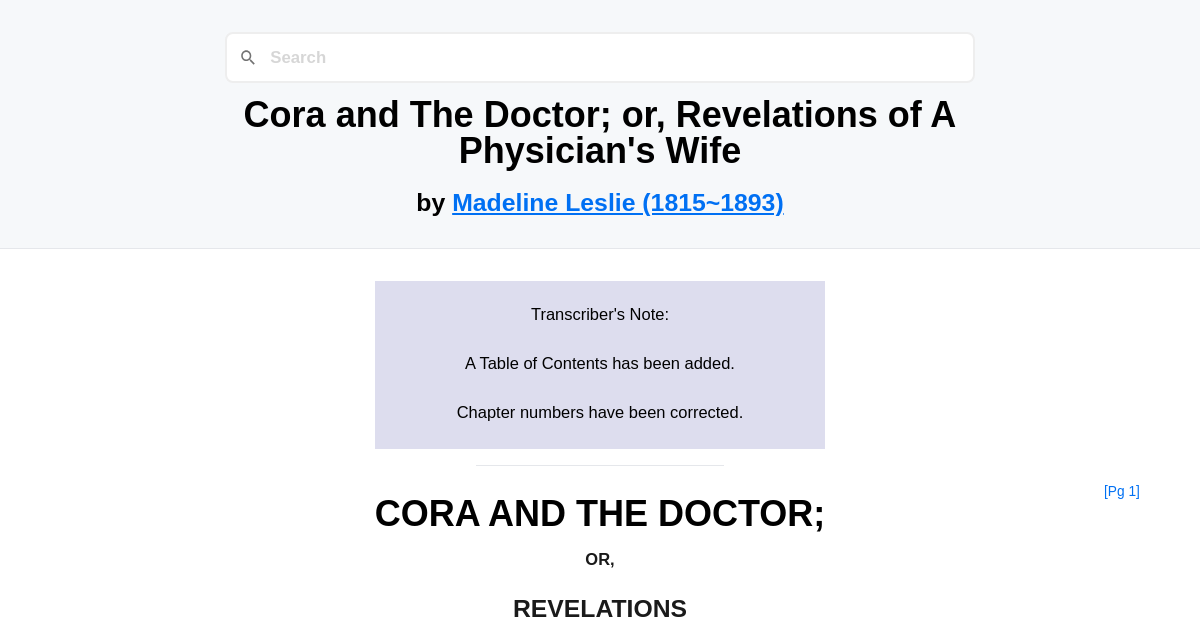 Cora and The Doctor; or, Revelations of A Physician's Wife by Madeline ...