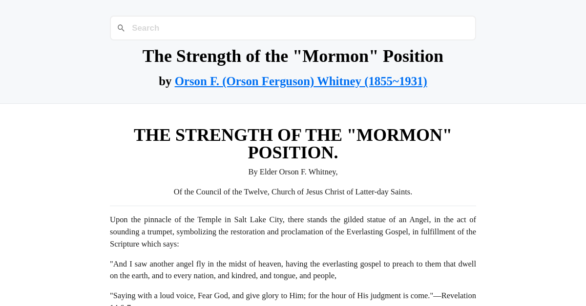 The Strength of the "Mormon" Position by Orson F. (Orson Ferguson ...