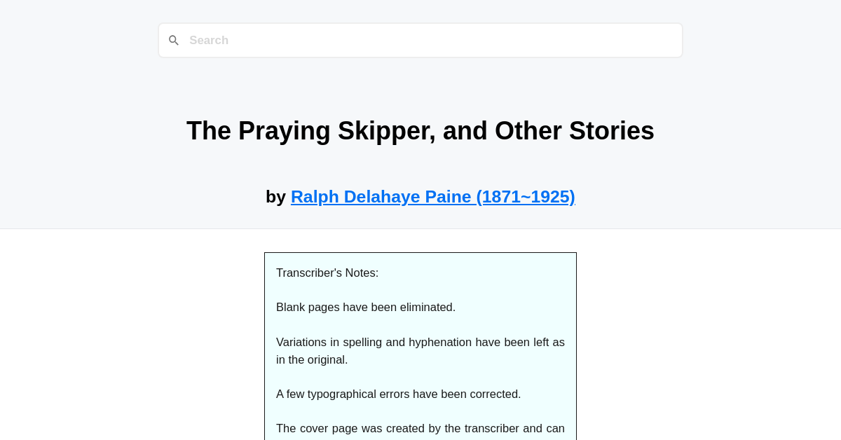 The Praying Skipper, and Other Stories by Ralph Delahaye Paine (1871~1925)