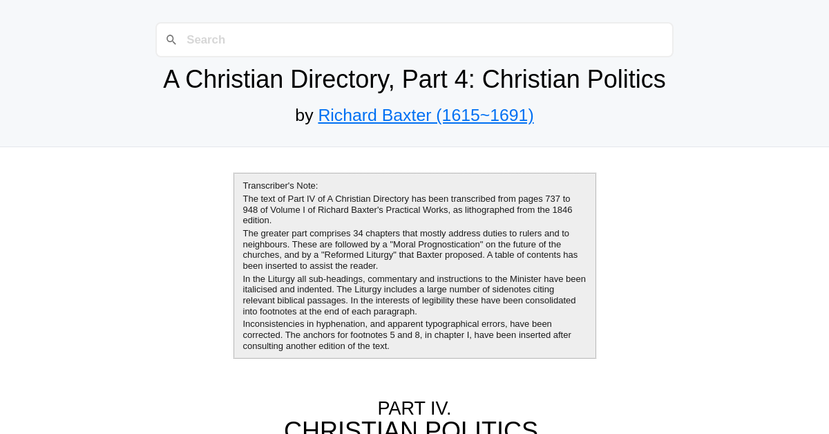 A Christian Directory, Part 4: Christian Politics by Richard Baxter ...