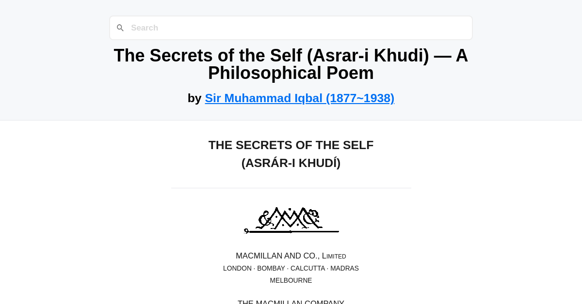 The Secrets of the Self (Asrar-i Khudi) — A Philosophical Poem by Sir ...