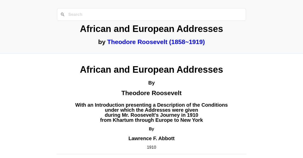 African and European Addresses by Theodore Roosevelt (1858~1919)